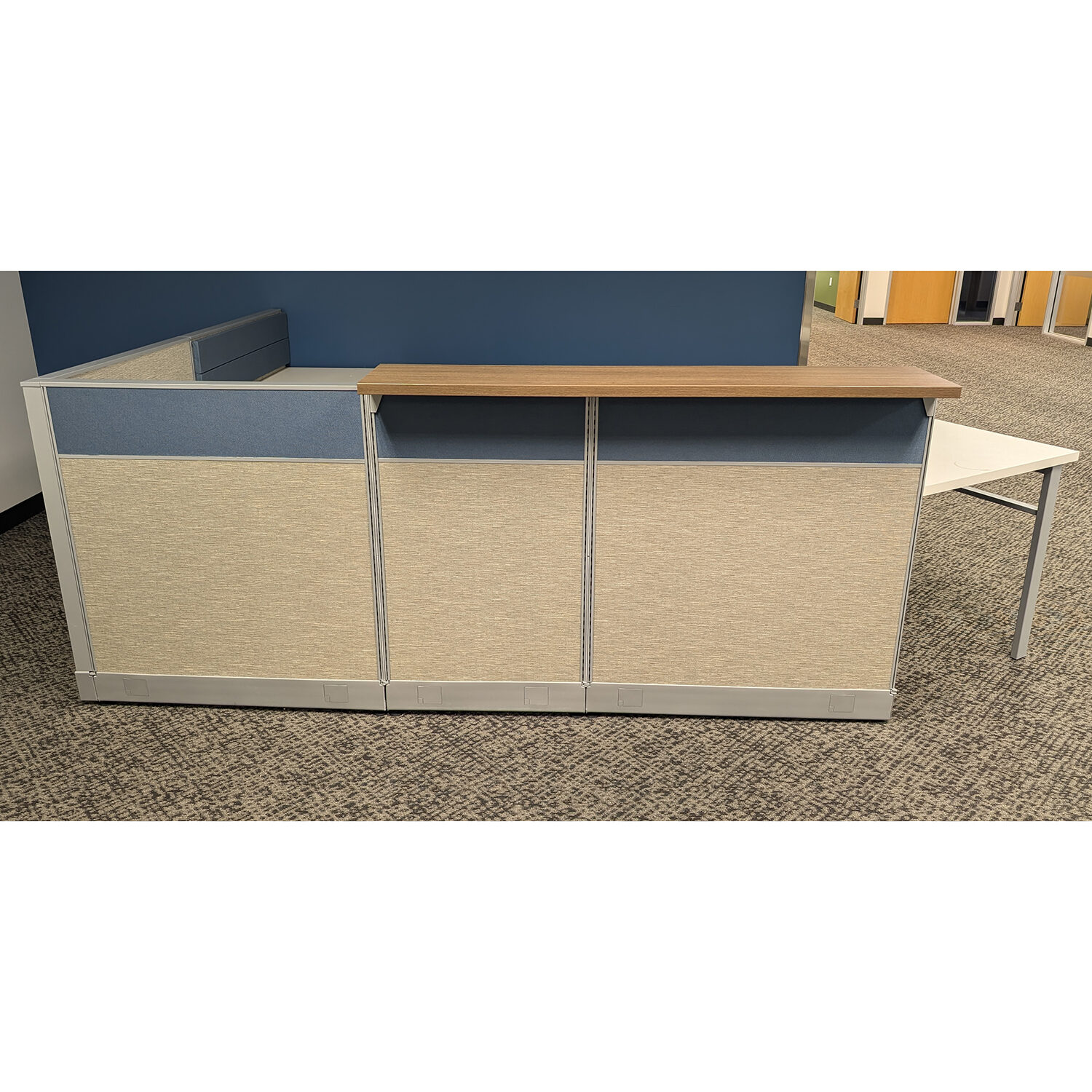 8x6 Haworth UniGroup Used Reception Cubicle w Right Return, Taupe and Blue - Sold as Standalone ...