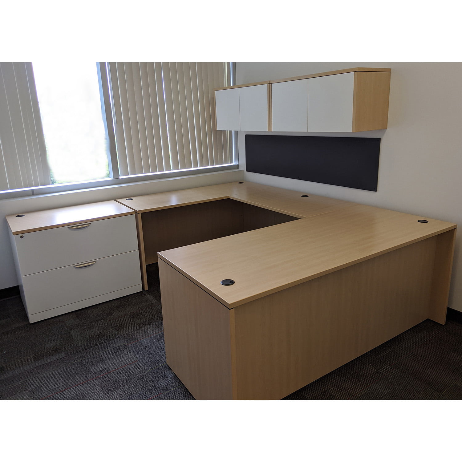 Laminate U-Shaped Used Desk w Overhead Left Return, Maple & White ...