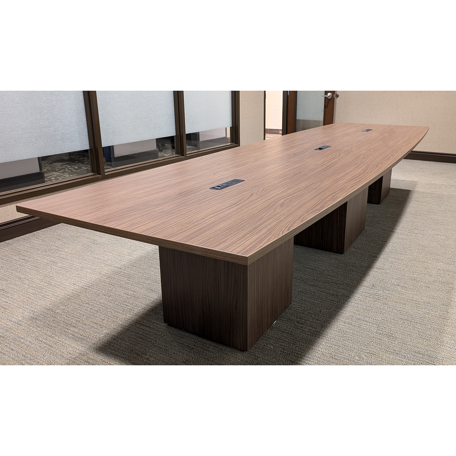 14 Foot Used Boat Shaped Laminate Conference Table w Power Blocks ...