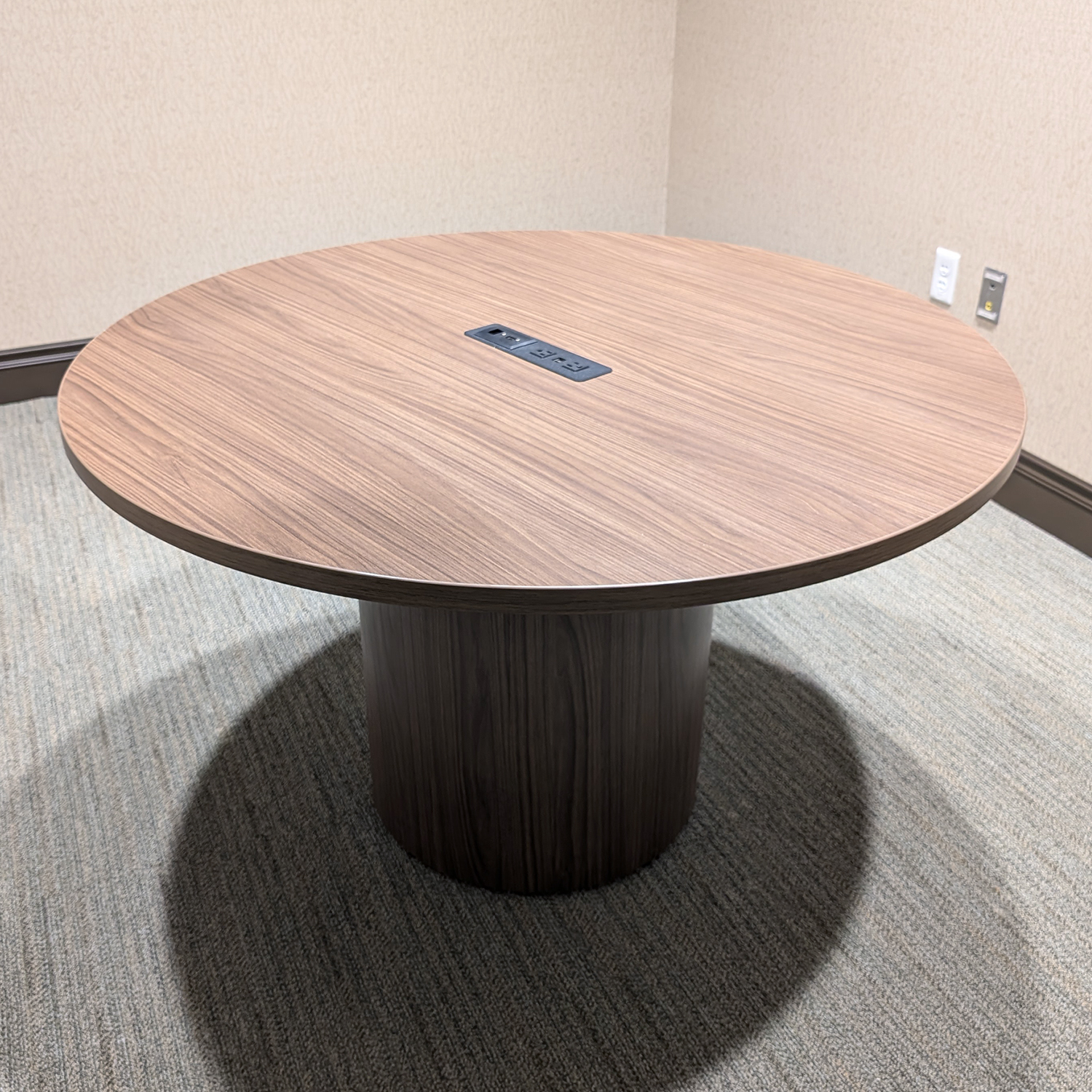 48 In Used Round Laminate Conference Table w Power Block, Light Walnut ...